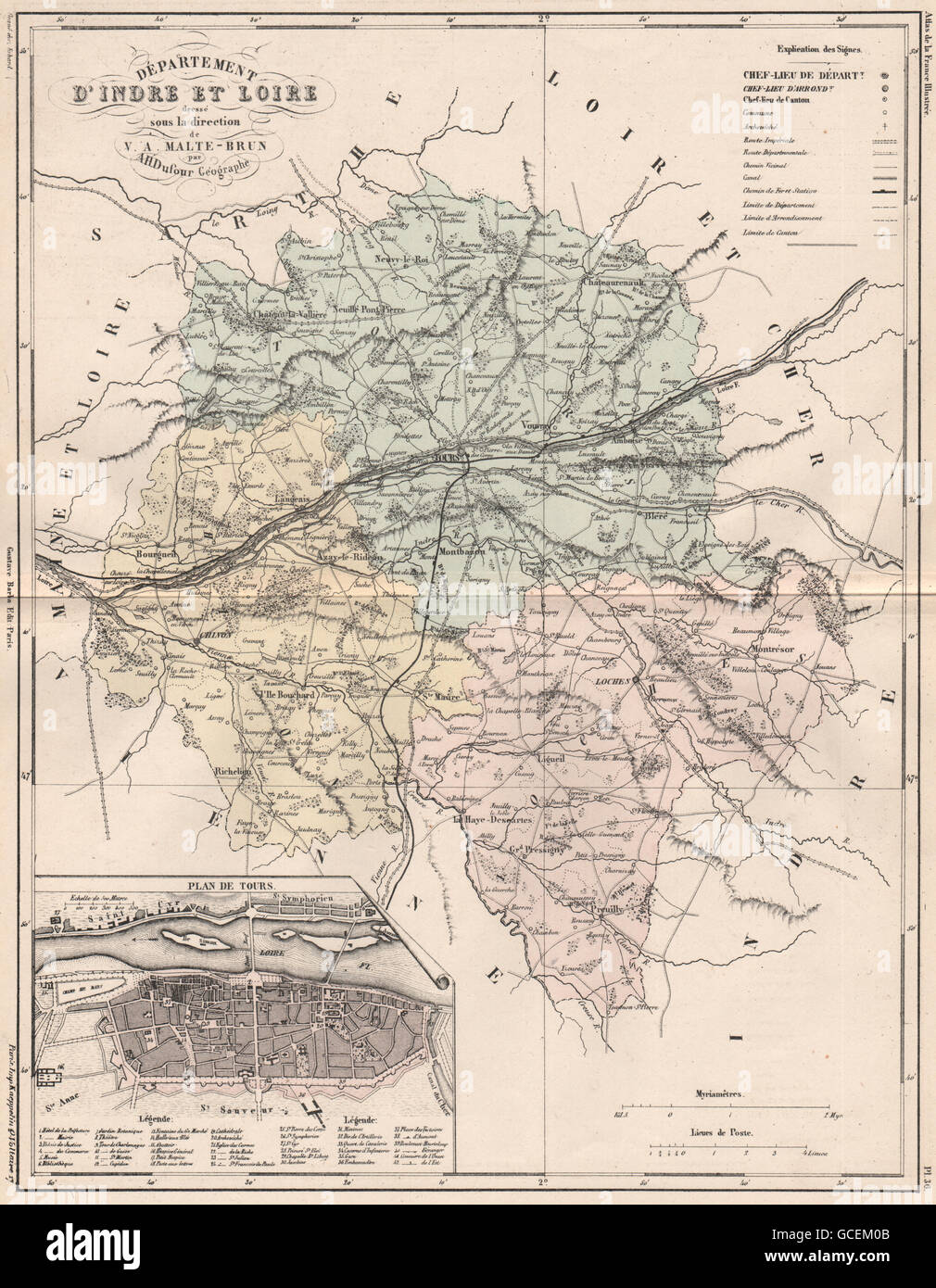INDRE-et-Loire. Carte du département. Plan de Tours. MALTE-Brun, 1852 ...