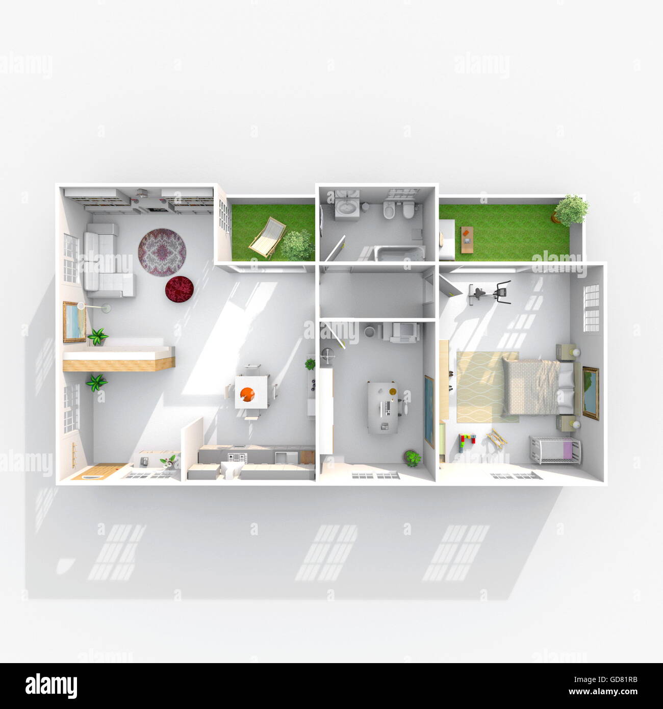 3D Interni rendering in pianta di forma rettangolare arredato ...