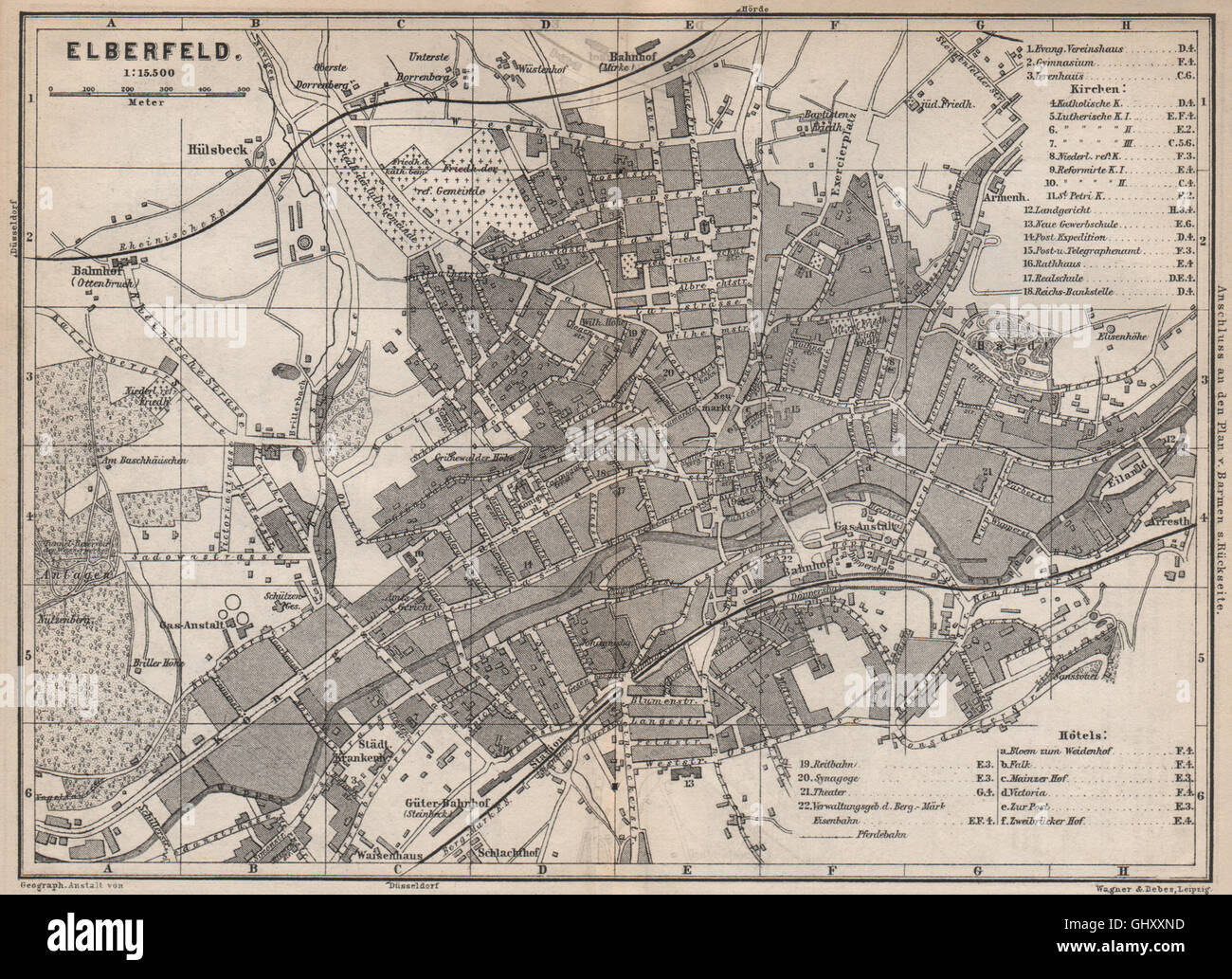 ELBERFELD antique town city stadtplan. Germania karte. BAEDEKER, 1886 ...