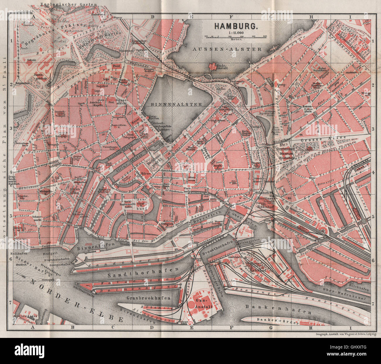 Amburgo città antica città stadtplan. Deutschland karte. BAEDEKER, 1886 ...