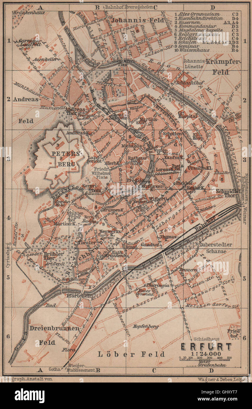 ERFURT città antica città stadtplan. Turingia karte. BAEDEKER, 1900 ...