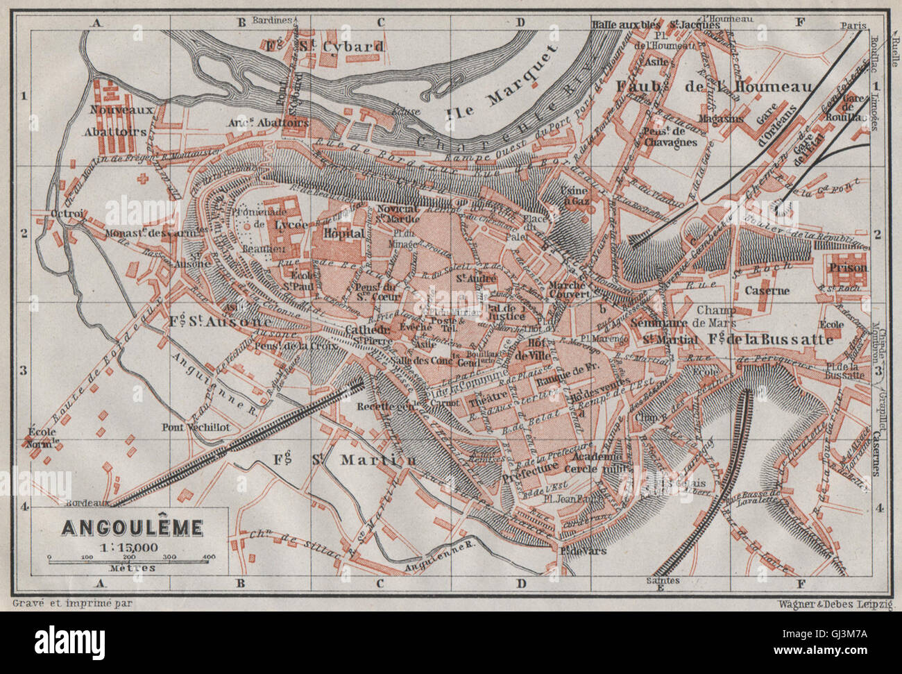 ANGOULÊME antique town city plan de la ville. Charente carte. BAEDEKER ...