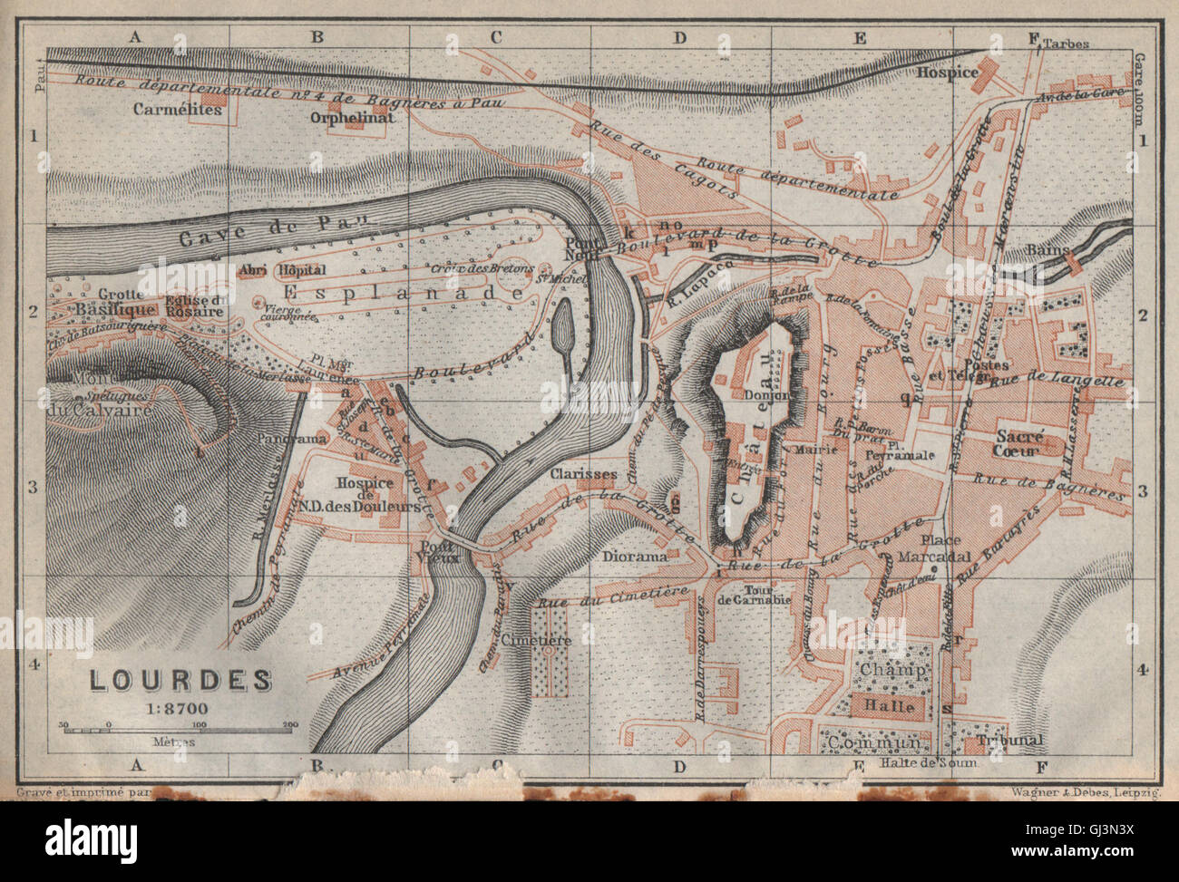 LOURDES antique town city plan de la ville. Hautes-Pyrénées carte, 1914 ...