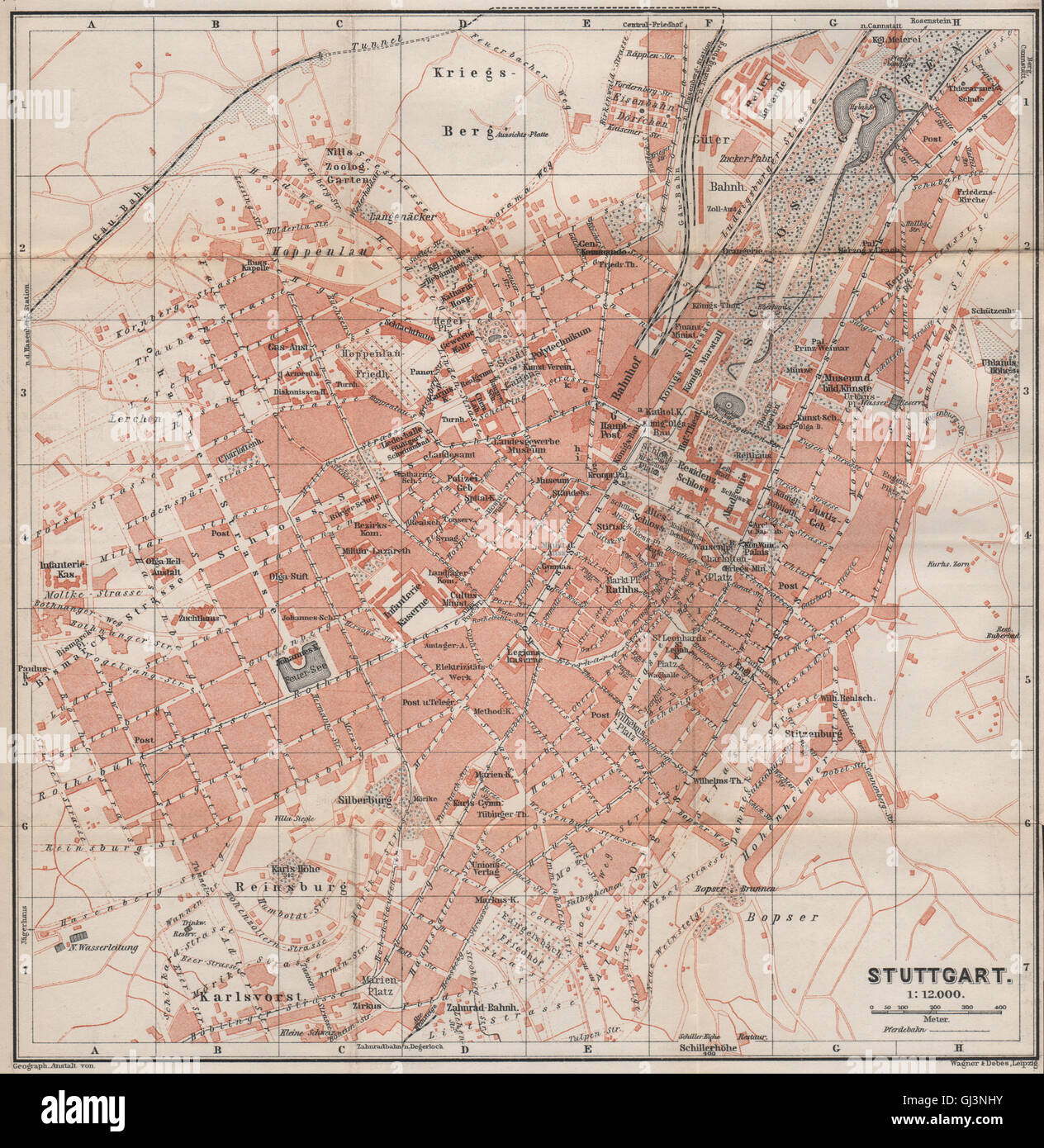 Stoccarda città antica città stadtplan. Baden-Württemberg karte, 1895 ...