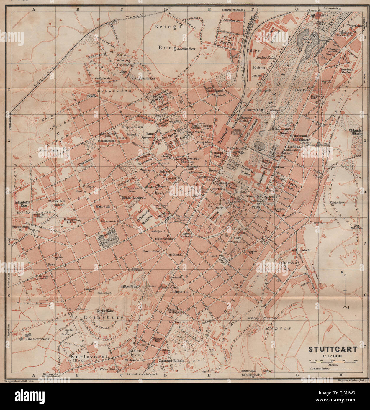 Stoccarda città antica città stadtplan. Baden-Württemberg karte, 1902 ...