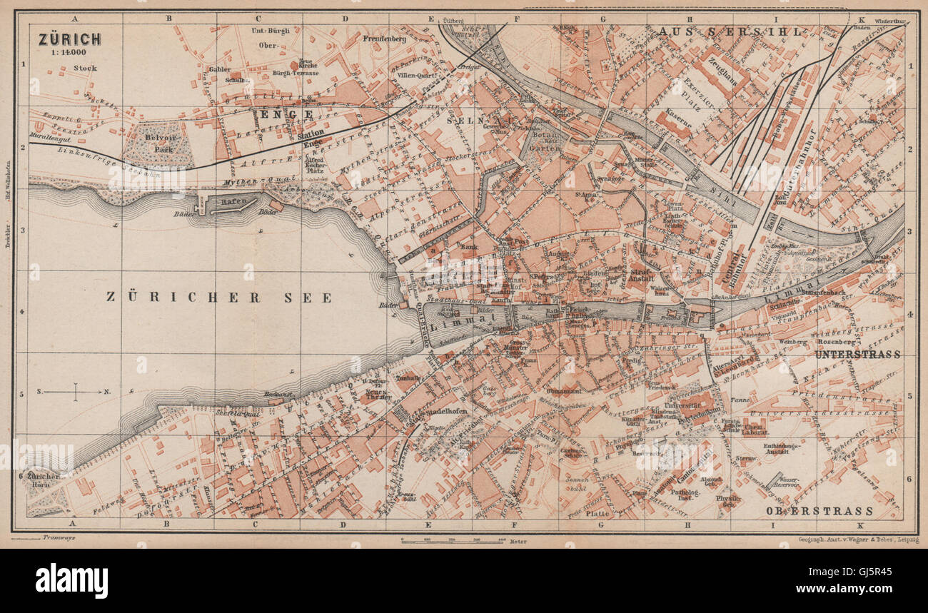 Zurigo. Zurigo. town city stadtplan. La Svizzera Suisse Schweiz, 1893 ...