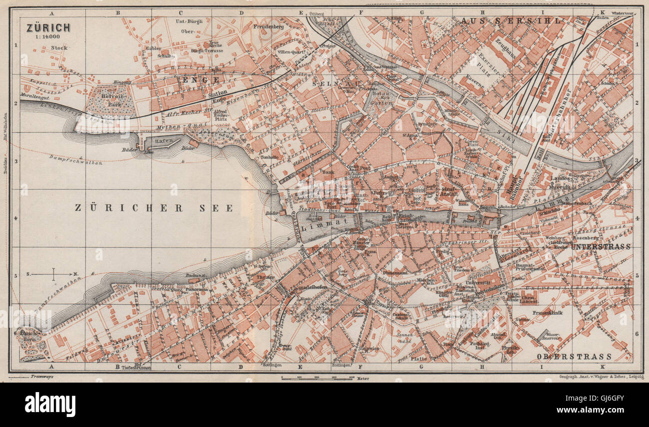 Zurigo. Zurigo. town city stadtplan. La Svizzera Suisse Schweiz, 1897 ...