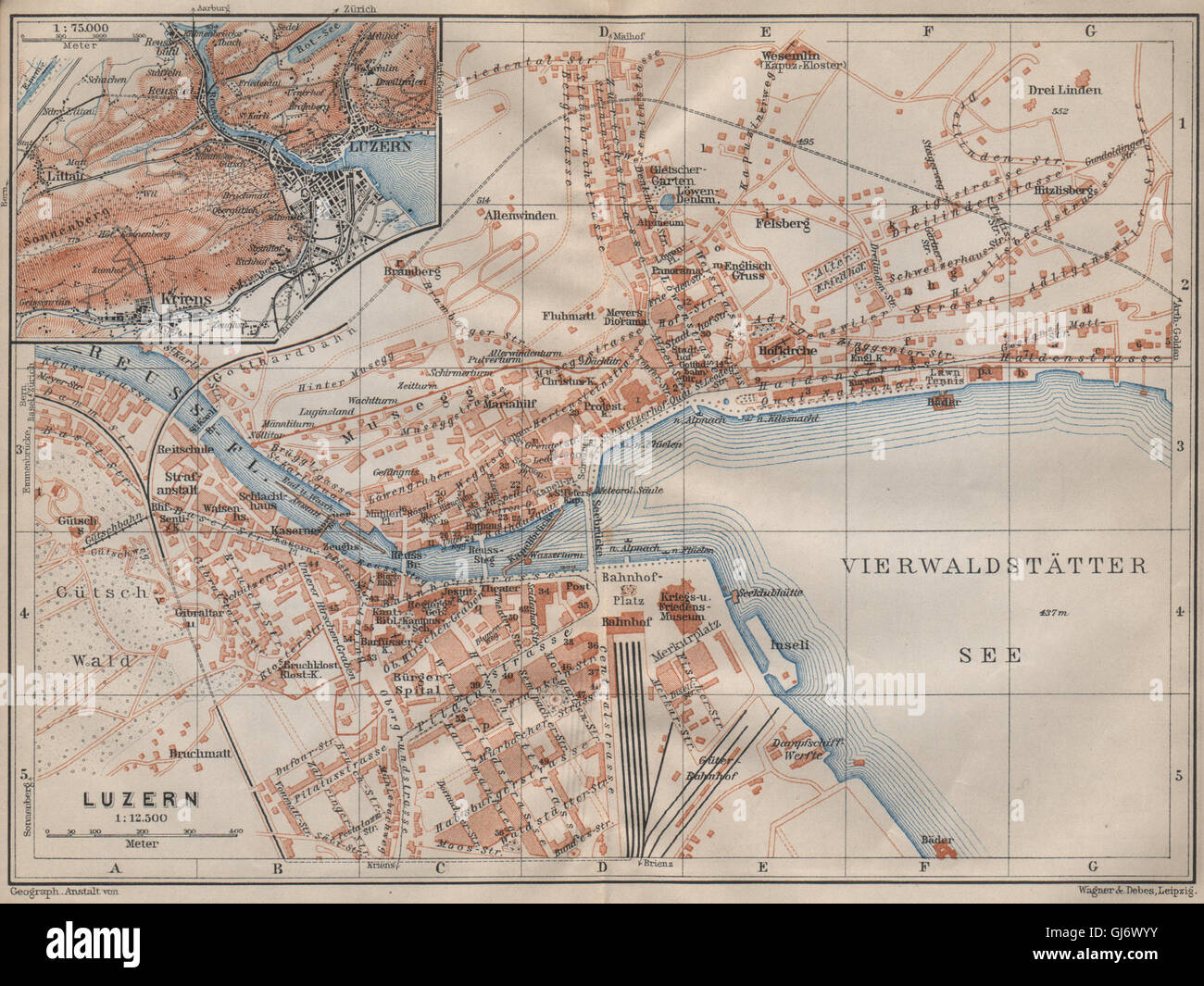 Lucerna LUZERN. town city stadtplan. La Svizzera Suisse Schweiz, 1907 ...