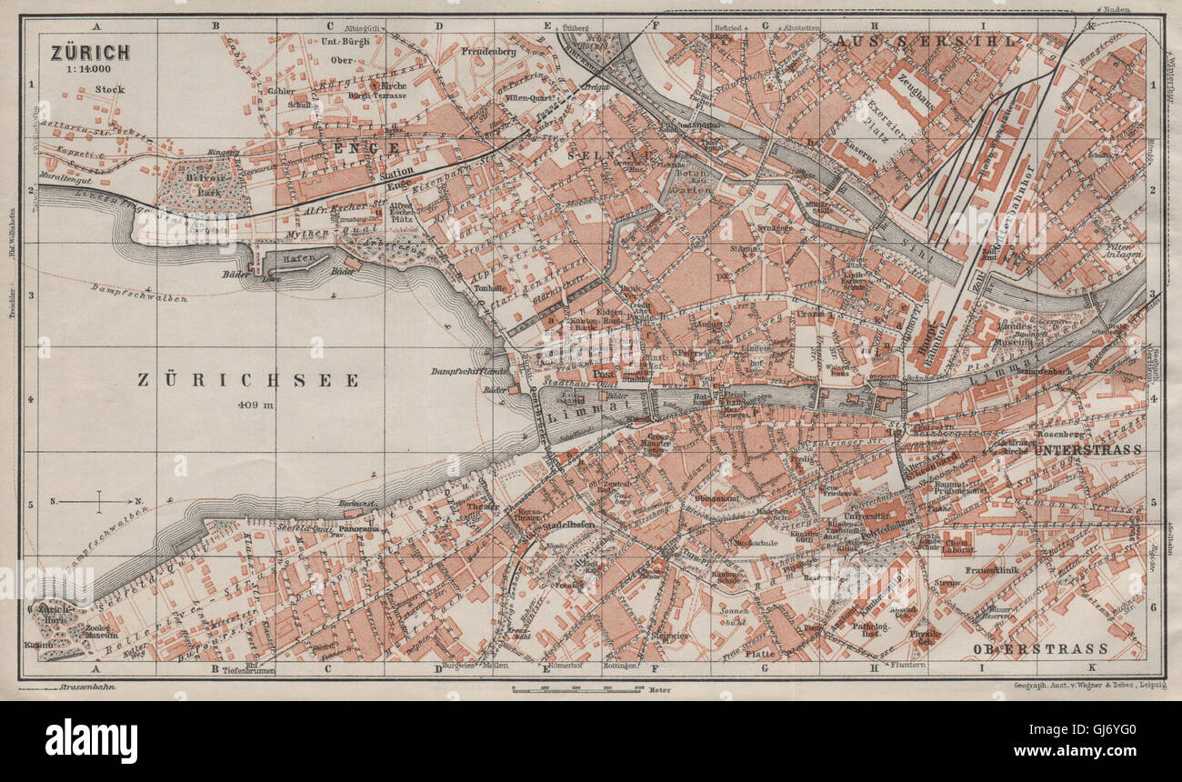 Zurigo. Zurigo. town city stadtplan. La Svizzera Suisse Schweiz, 1909 ...