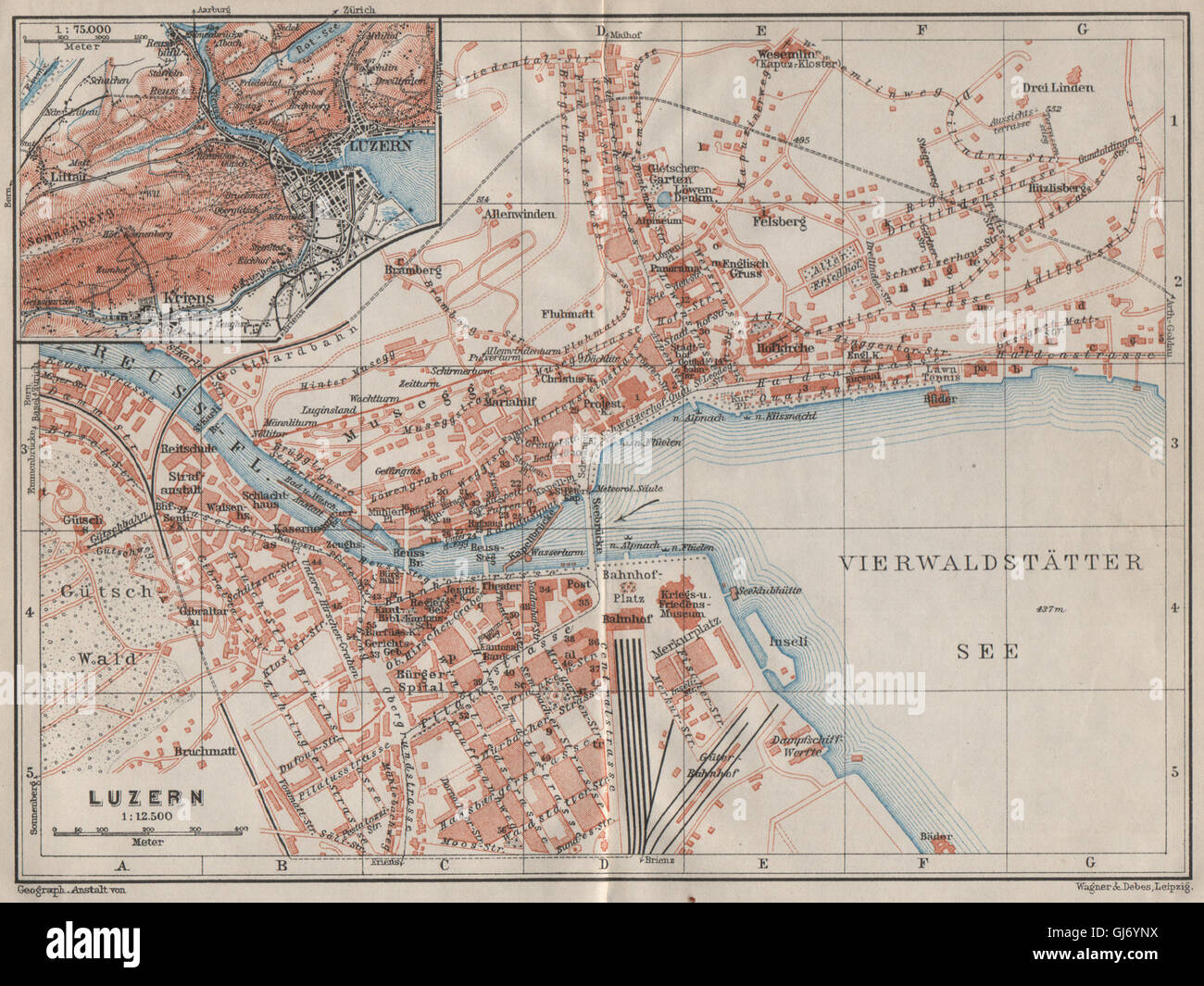 Lucerna LUZERN. town city stadtplan. La Svizzera Suisse Schweiz, 1909 ...