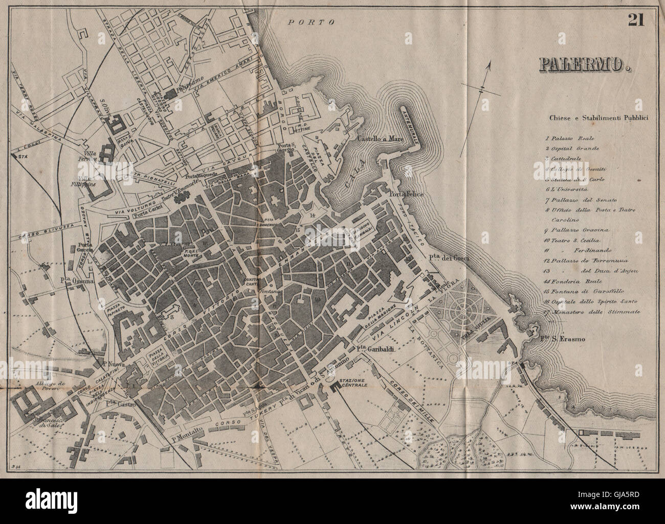 PALERMO. Antica città piano. Mappa della città. L'Italia. BRADSHAW ...