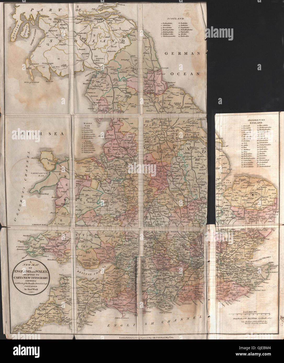 Una nuova mappa di Inghilterra e Galles da John Cary. Strade. Mappa ...