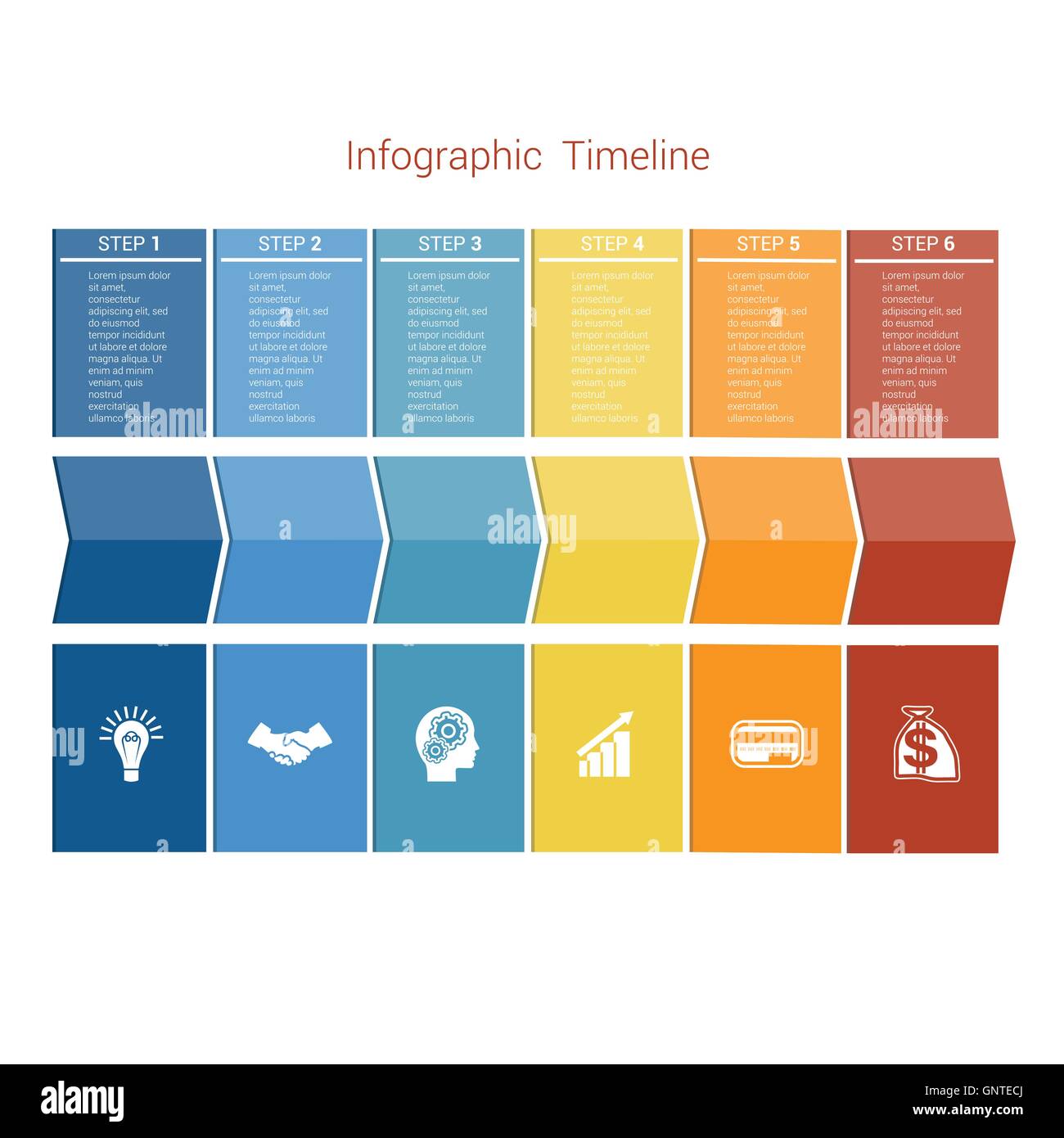 Timeline modello infografico frecce colorate numerate per sei posizione ...