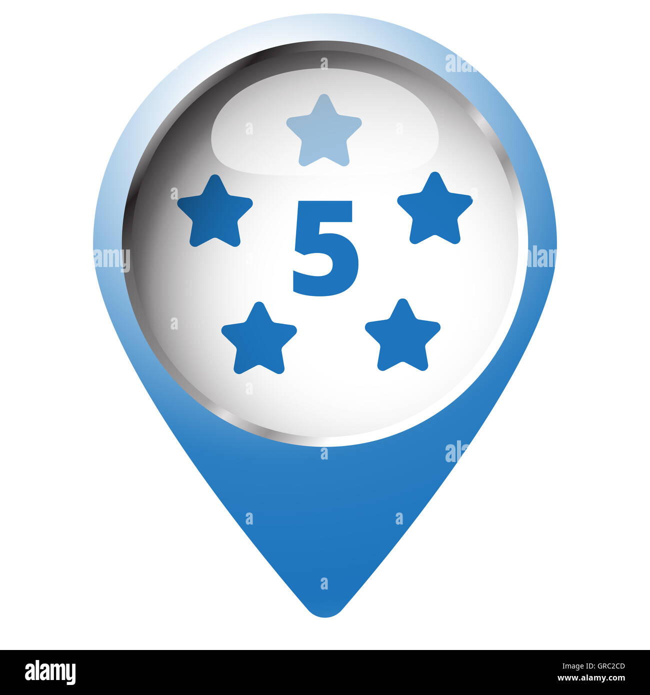 Mappa pin simbolo con cinque stelle di icona. Simbolo blu su sfondo ...