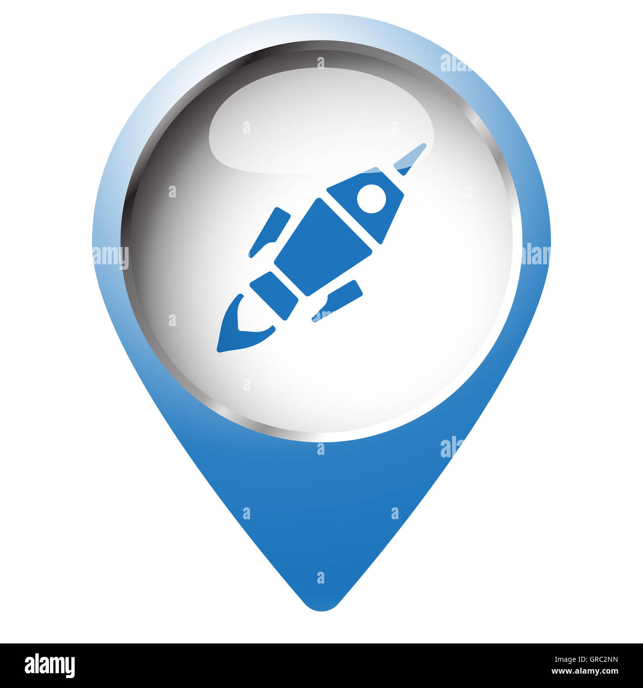 Mappa pin simbolo con il lancio di un razzo icona. Simbolo blu su ...