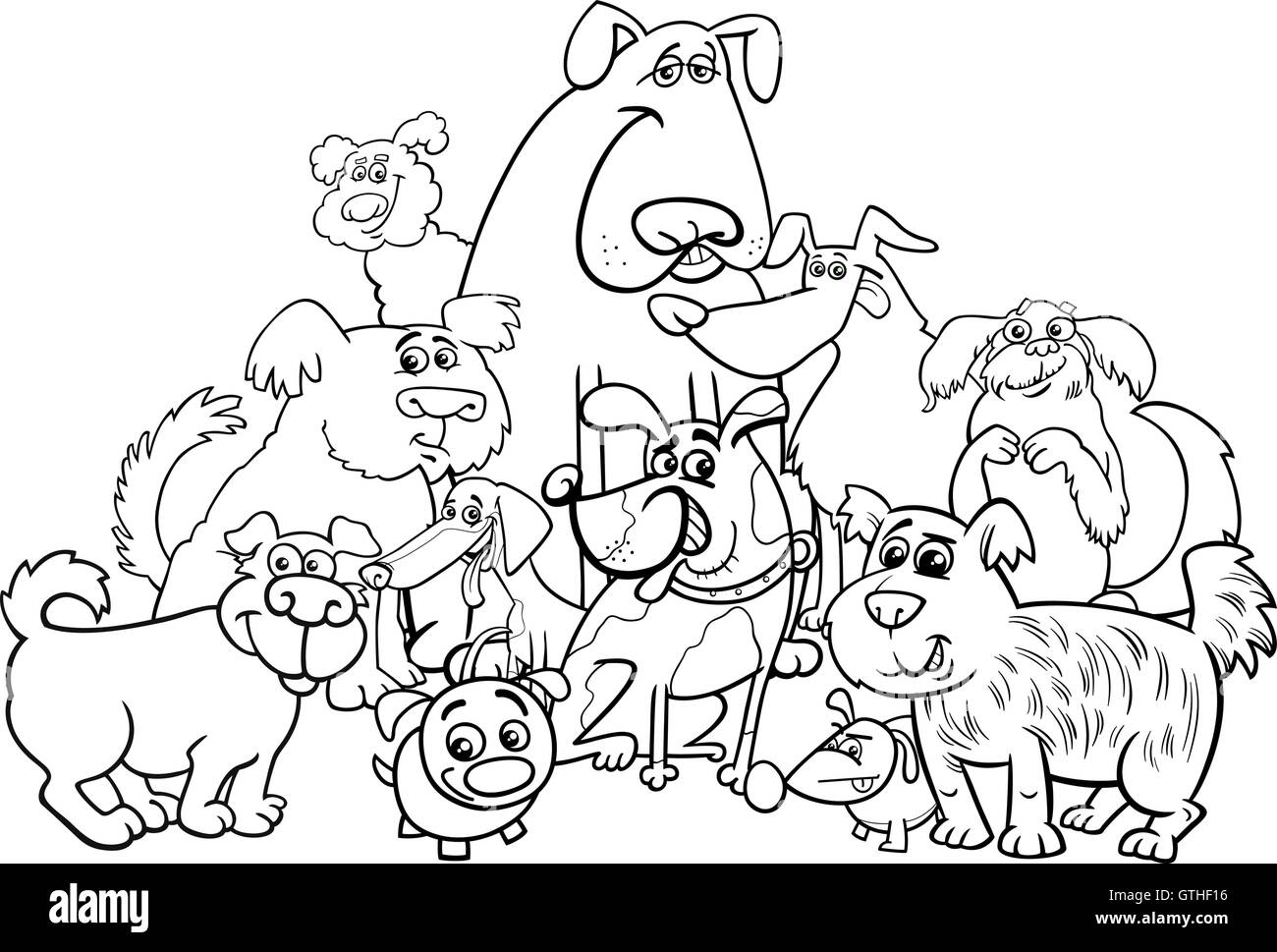 Bianco e Nero Cartoon illustrazione di cani animale gruppo di caratteri ...