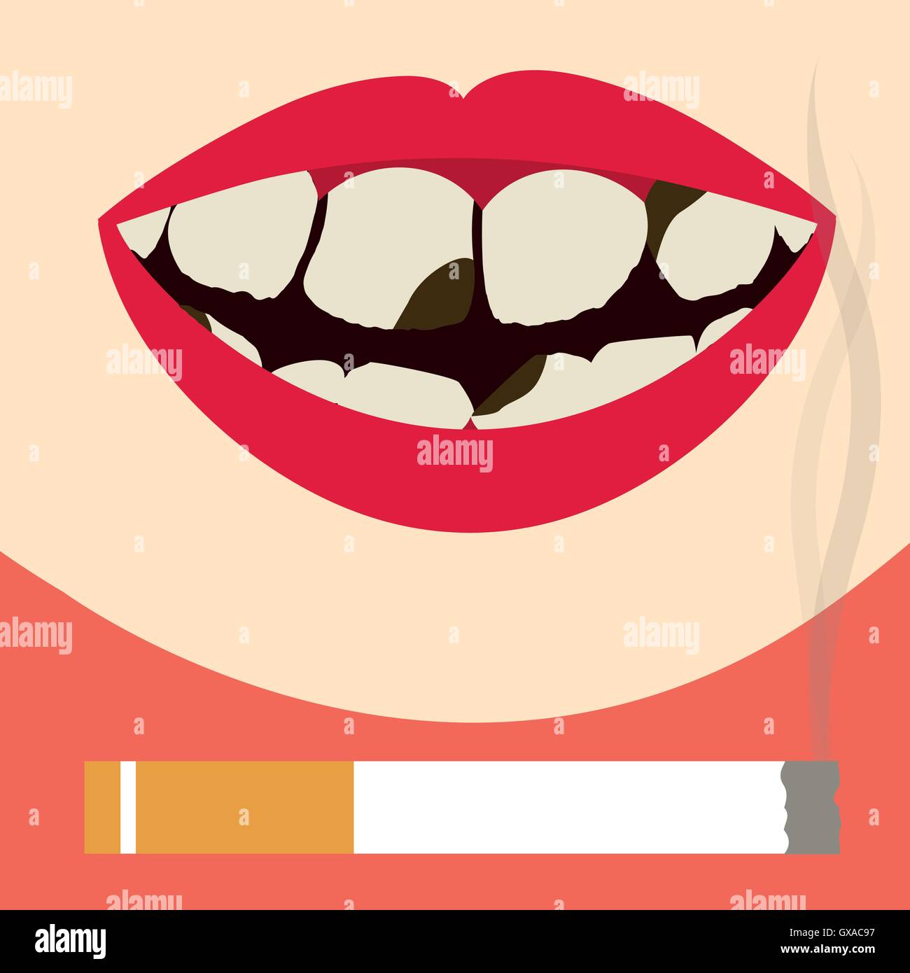 Smile con decaduto, sporco e ingiallito i denti. Fumo di sigaretta ...