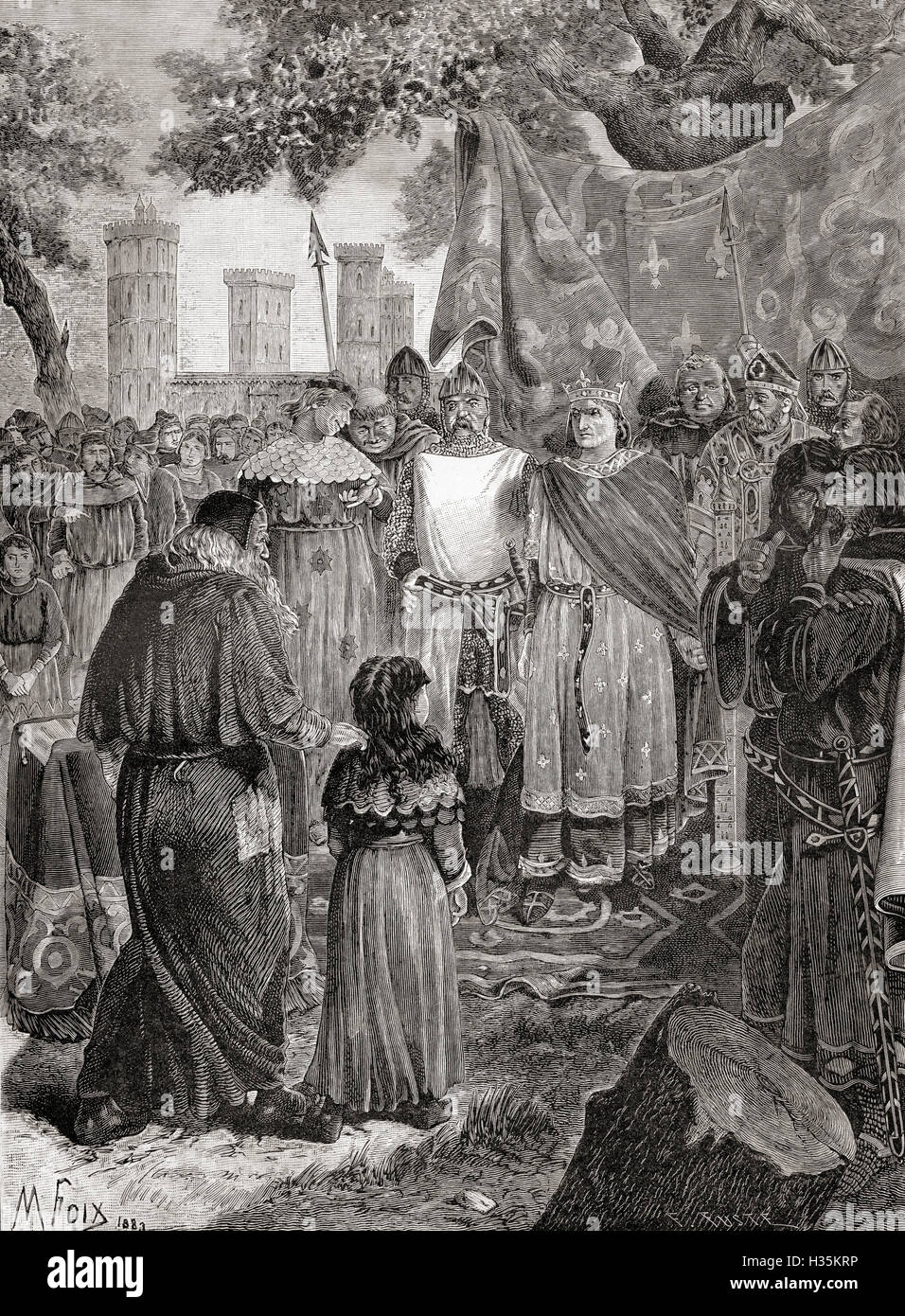 Luigi IX di Francia tenendo un royal corte di giustizia sotto una ...