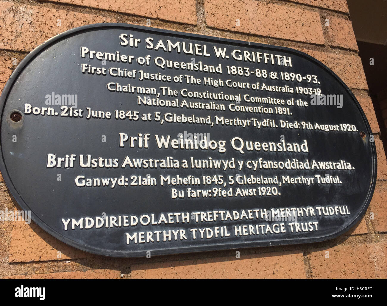 Una lapide che ricorda Sir Samuel Griffith - che era nato a Merthyr ...