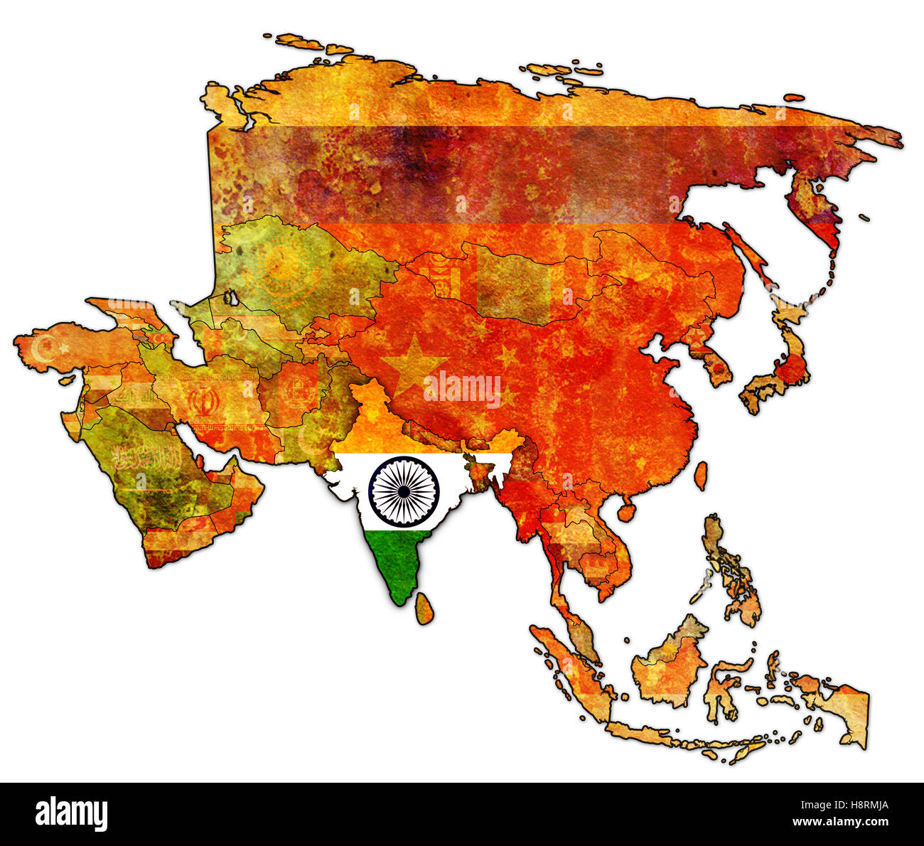 Vecchia mappa politica del continente asiatico con bandiera di India ...