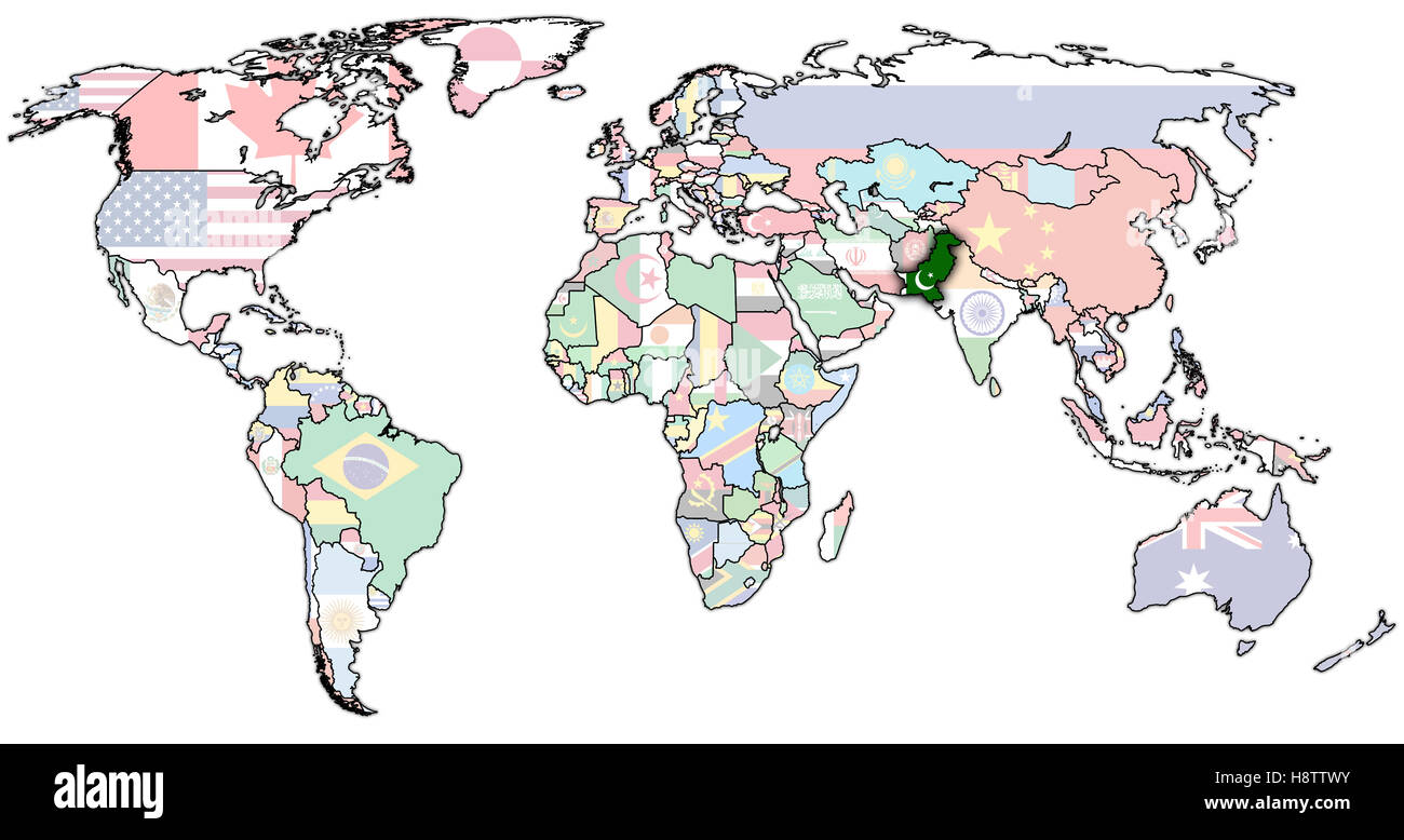 Vecchia mappa politica del mondo con la bandiera del Pakistan Foto ...