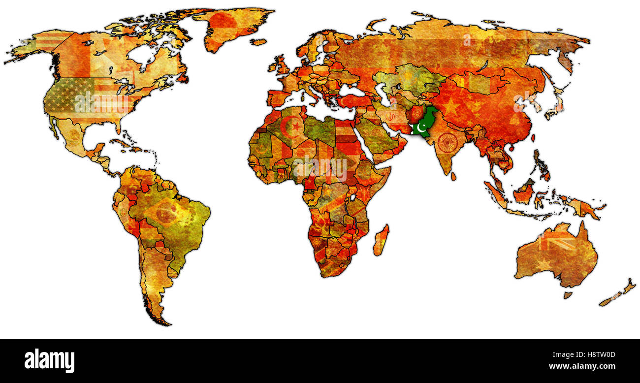 Vecchia mappa politica del mondo con la bandiera del Pakistan Foto ...