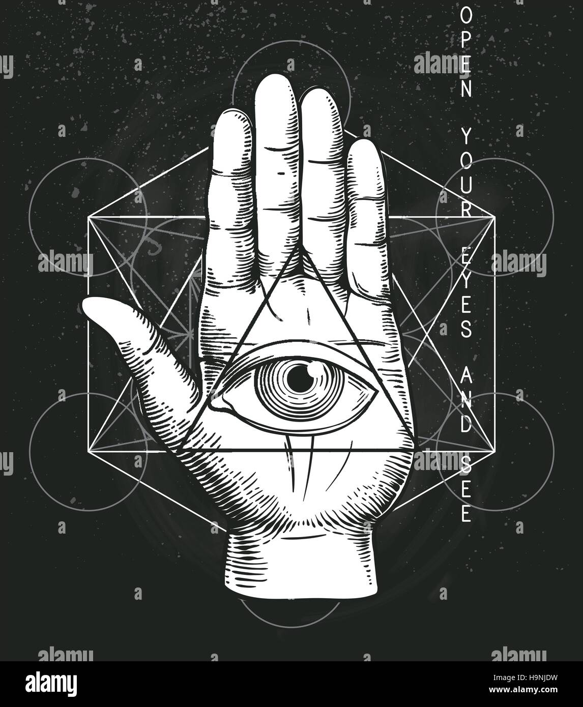 Illustrazione hipster con geometria sacra, la mano e l'occhio che tutto ...