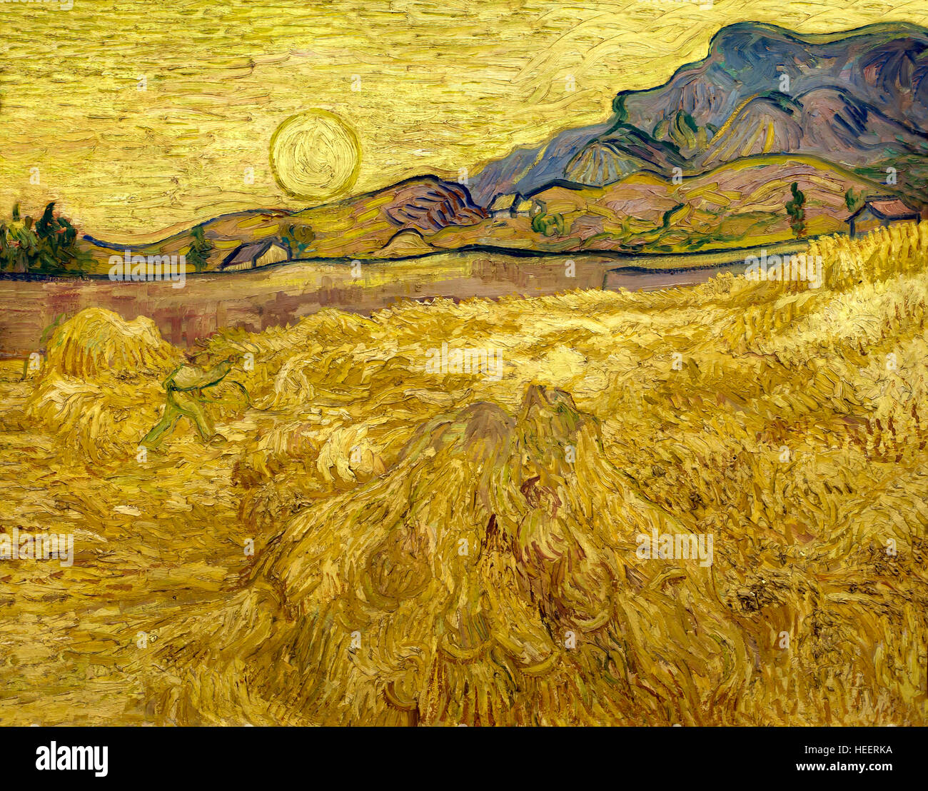 Campo di grano con mietitore e sole di Vincent van Gogh, 1889, Kroller ...