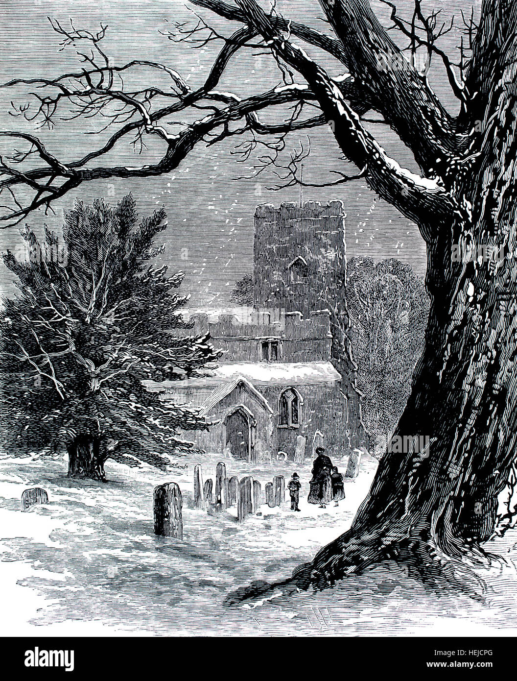 Famiglia, accanto, sagrato, grave nella neve, illustrazione da 1884 ...