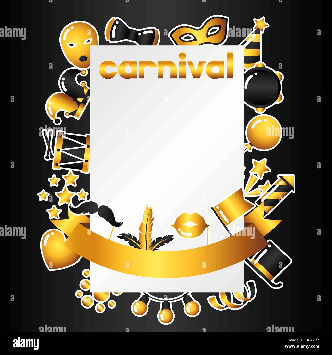 Il carnevale invito carta oro con icone e oggetti. Festa sfondo ...