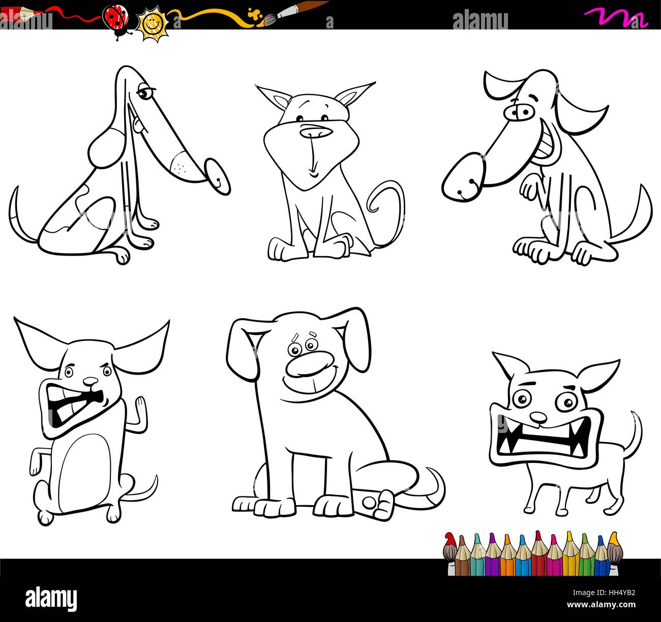 Bianco e Nero Cartoon illustrazione di cani animale Set di caratteri ...