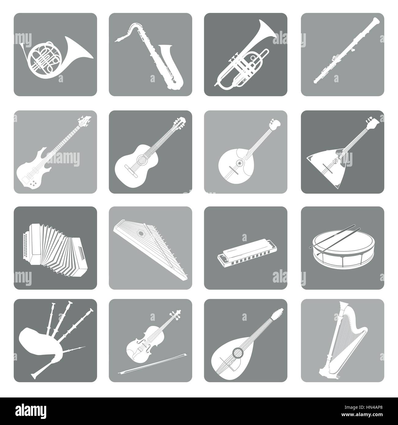 Strumenti musicali icon set. folk, classica, jazz, etnica, musica rock ...