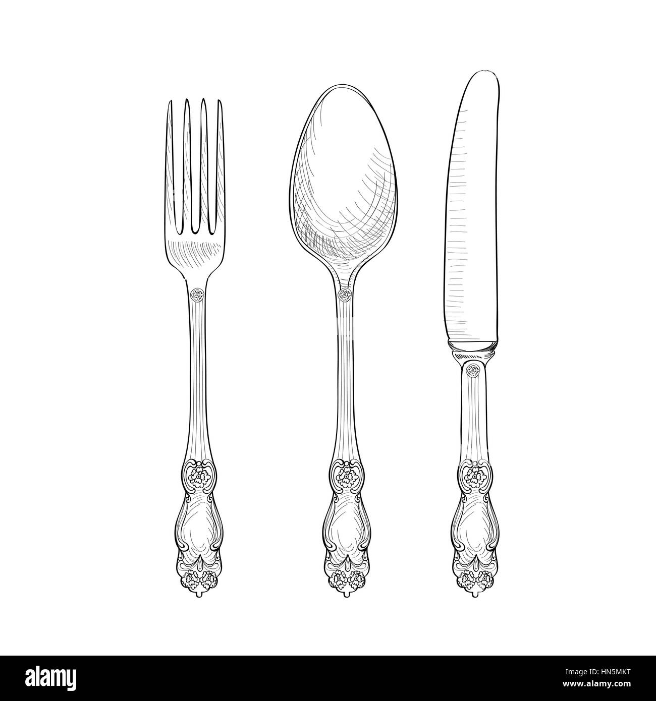 Forcella, coltelli, cucchiai schizzo set. posate a mano collezione di ...