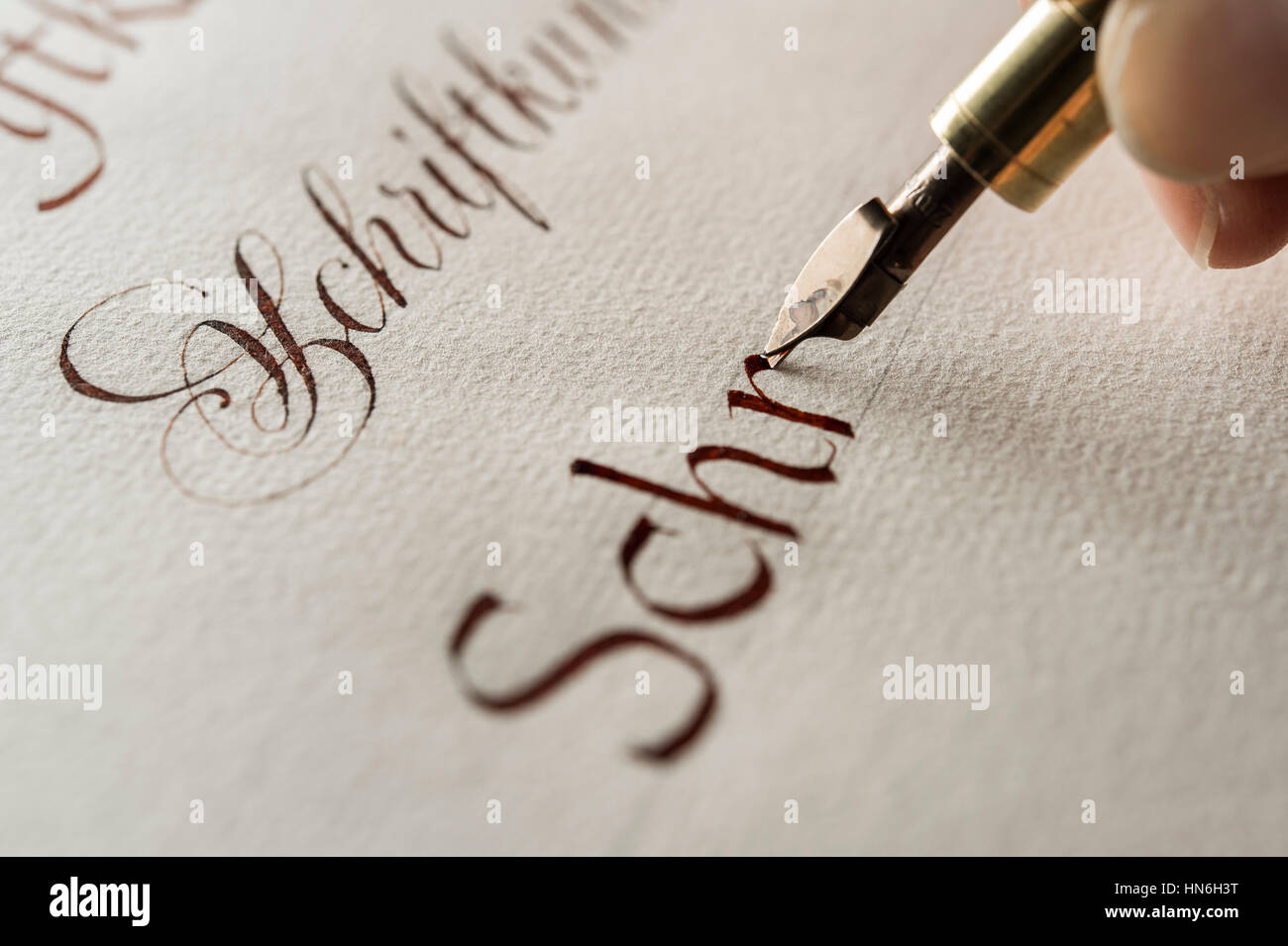 Calligraphy studio, mano scrive il testo con inchiostro e penna e ...