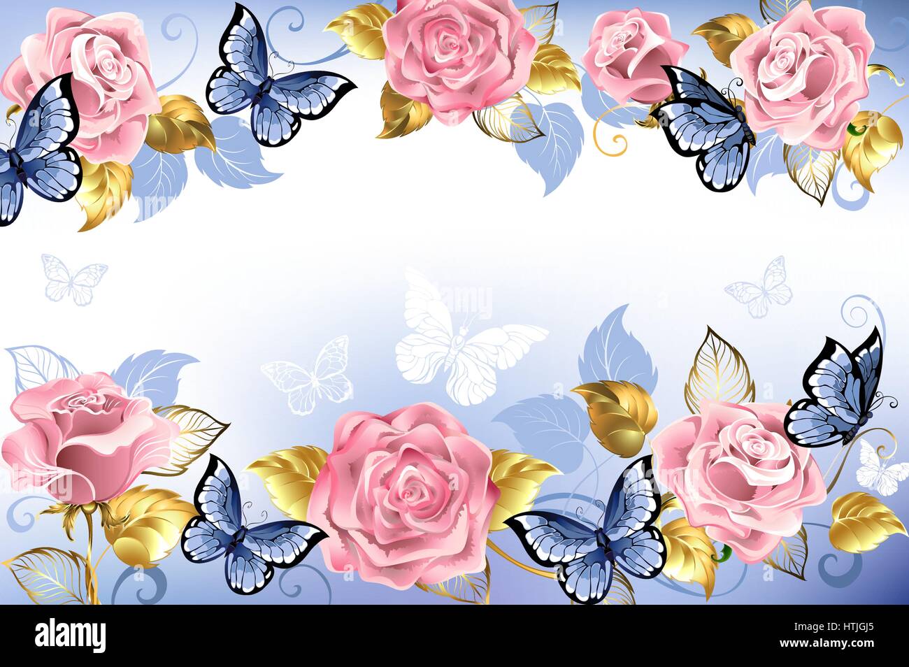 Le rose rosa con farfalle blu con foglie d'oro su sfondo azzurro ...