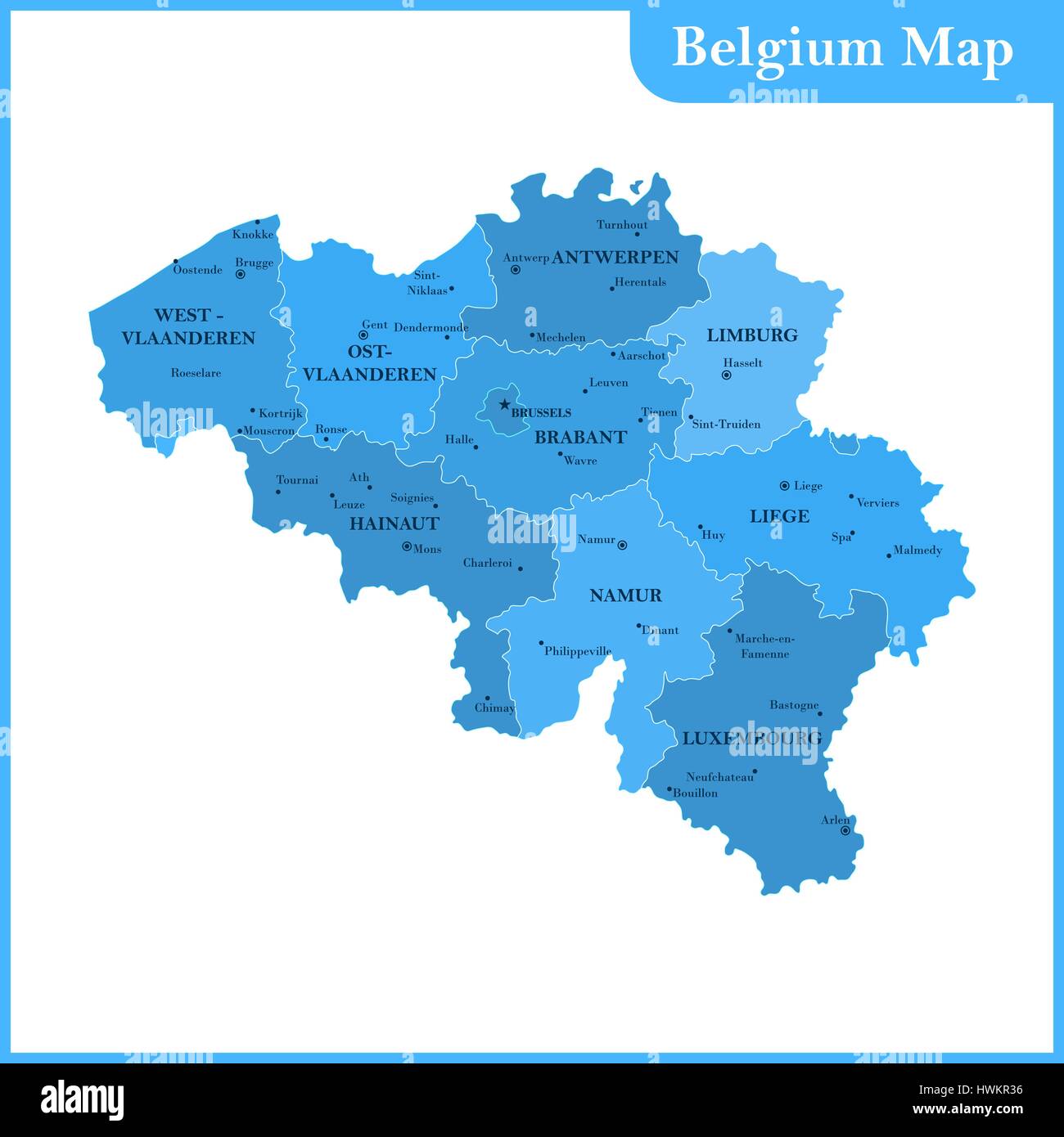 La mappa dettagliata del Belgio con le regioni o gli stati e le città ...