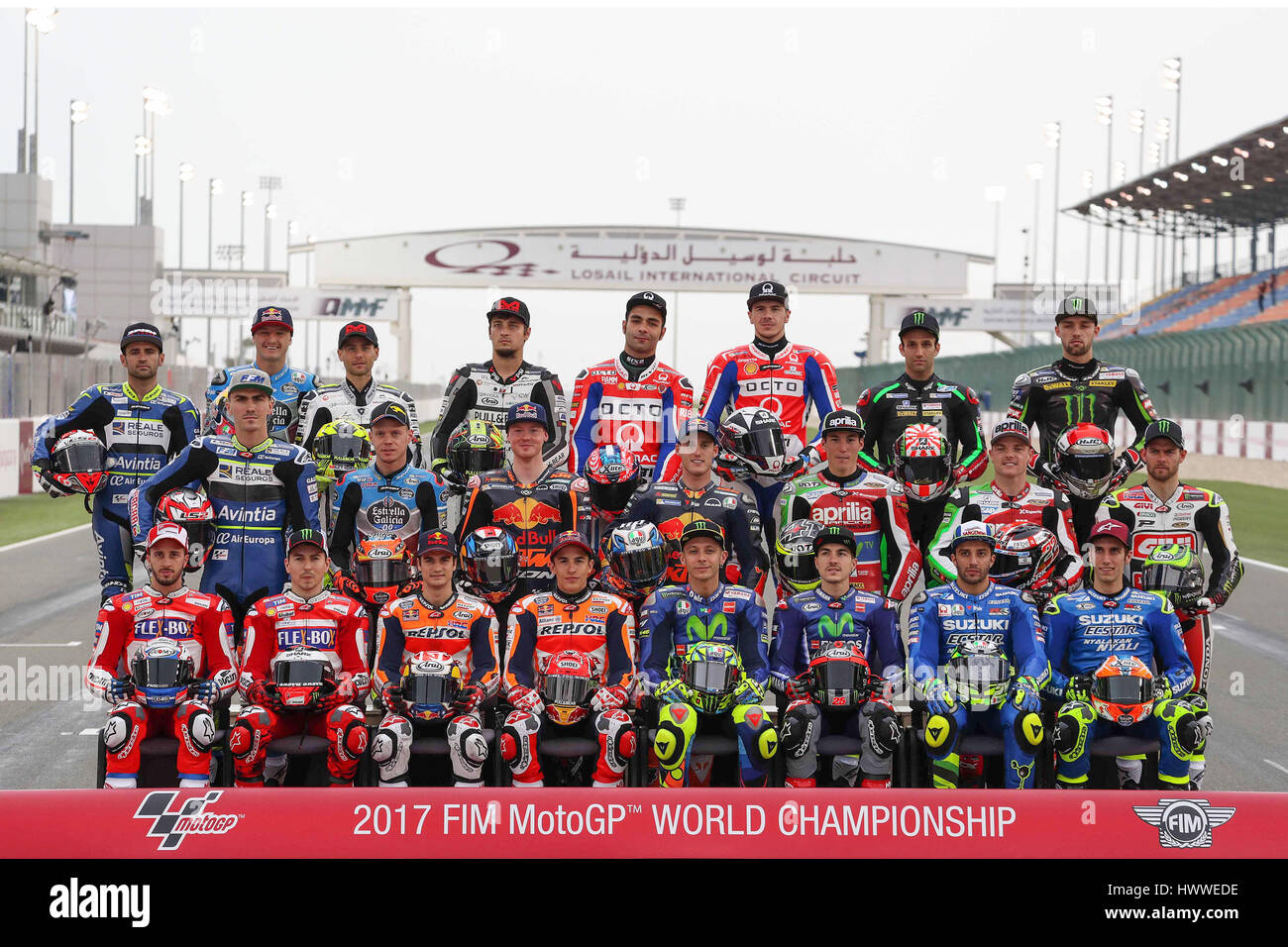Doha in Qatar. 23 Mar, 2017. I piloti del MotoGP che posano per una ...
