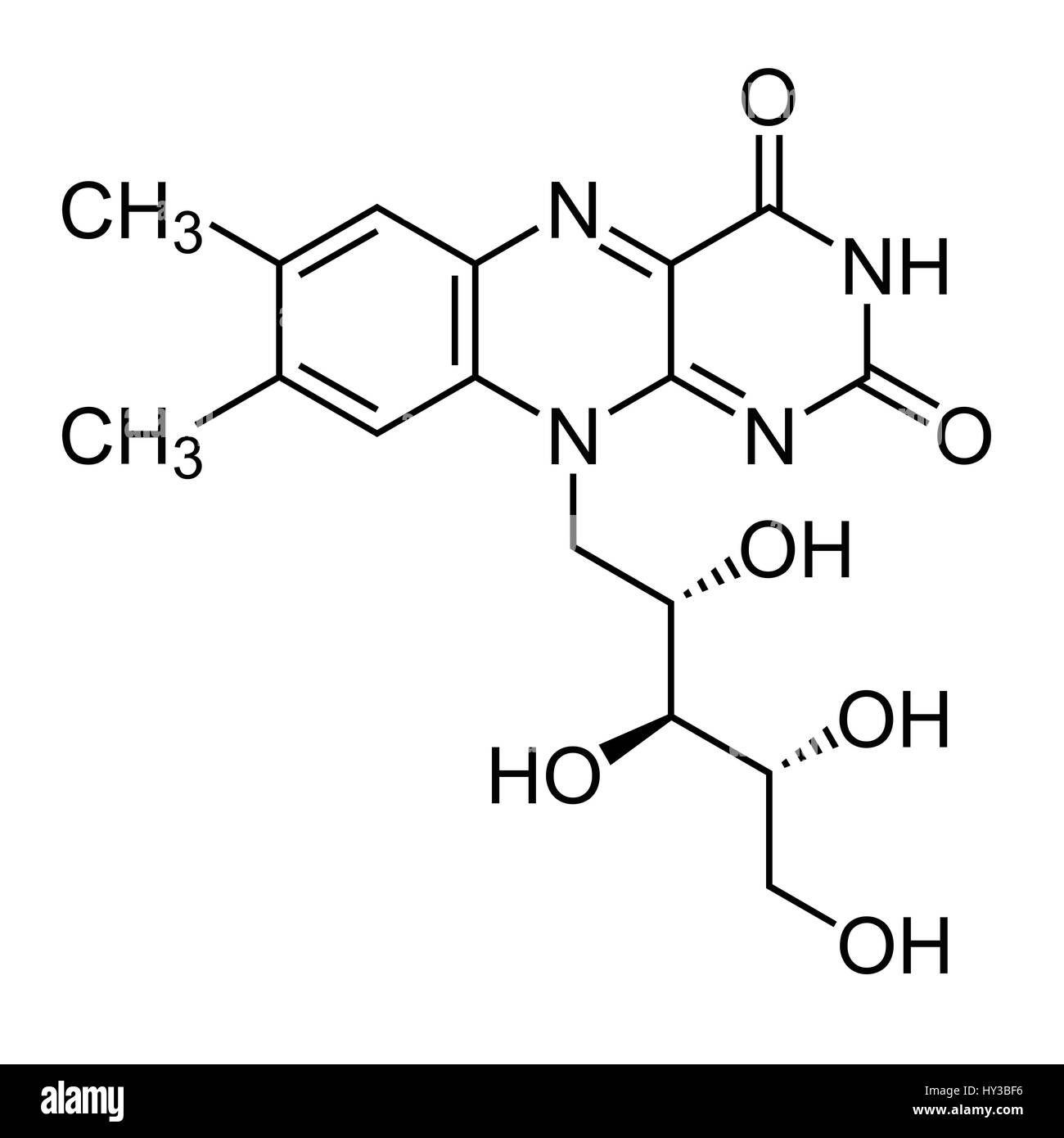 Vitamina B2 (riboflavina) molecola. Scheletro di formula (struttura ...