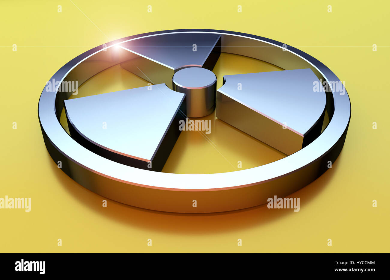 Simbolo nucleare. oggetto chrome su sfondo giallo. 3D render ...
