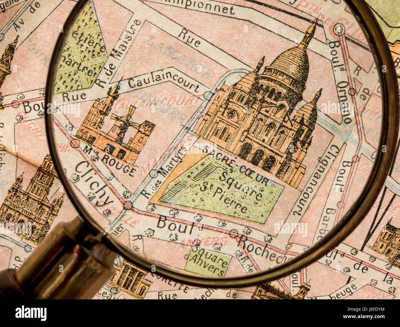 MONTMARTRE VINTAGE MAP PARIGI GUIDA lente d'ingrandimento dettaglio ...