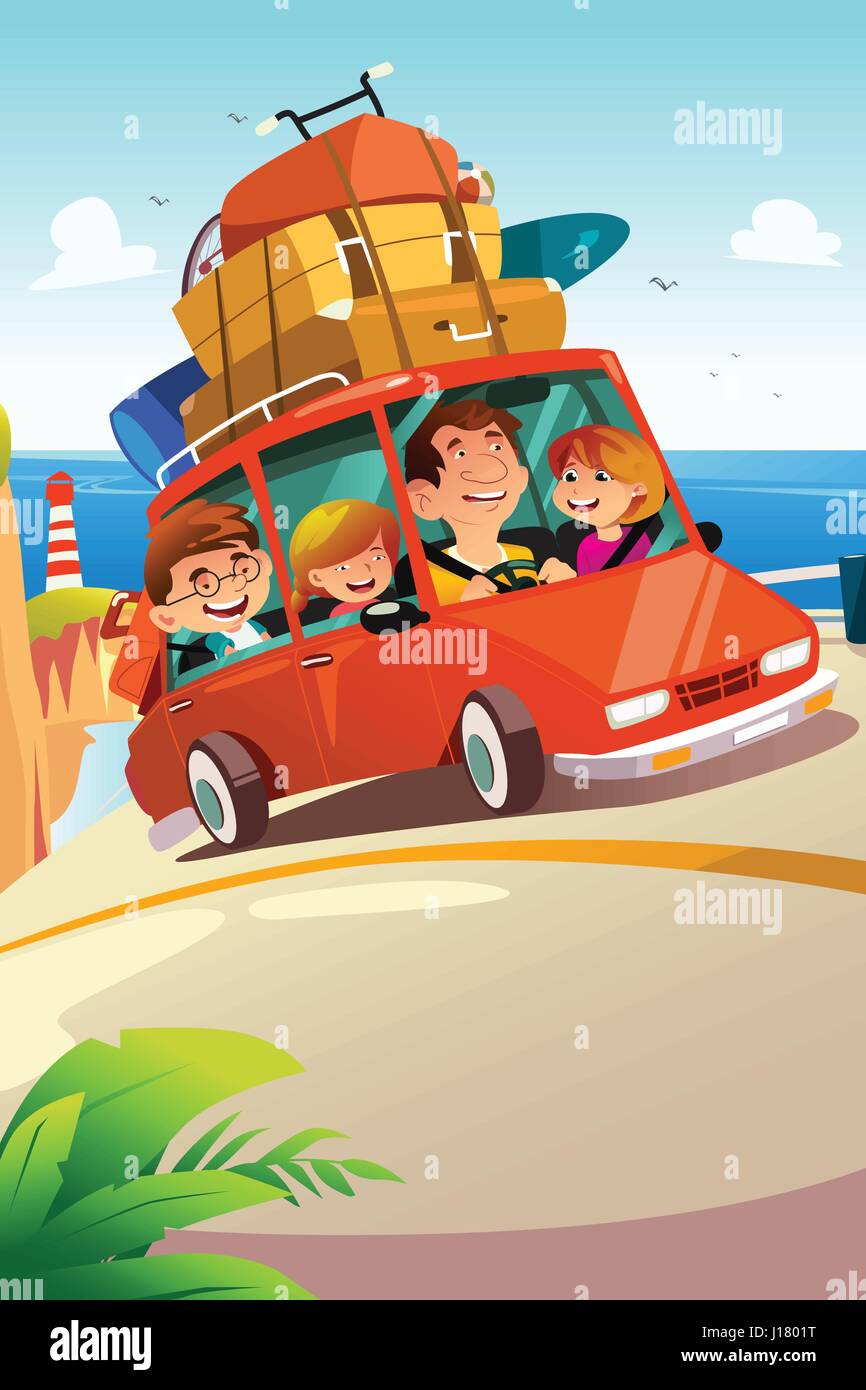 Una illustrazione vettoriale di famiglia che viaggiano su un viaggio su ...