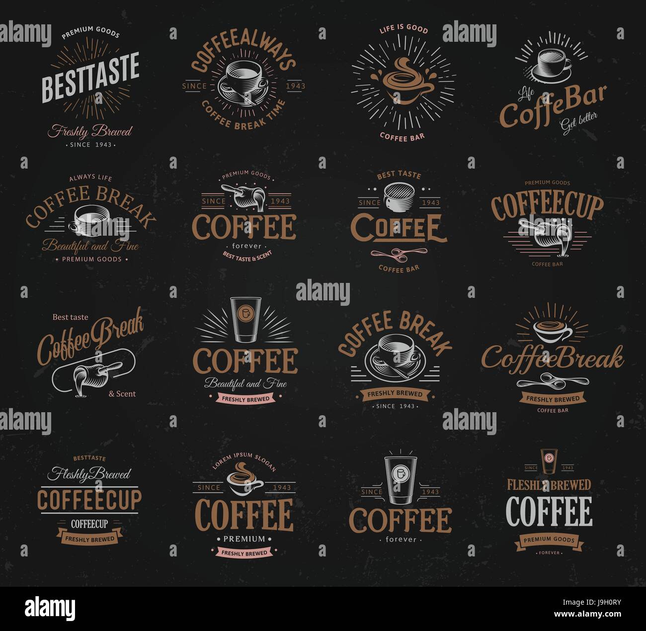 Caffè logo vintage set. Preparato di fresco caffeina bevanda scura ...
