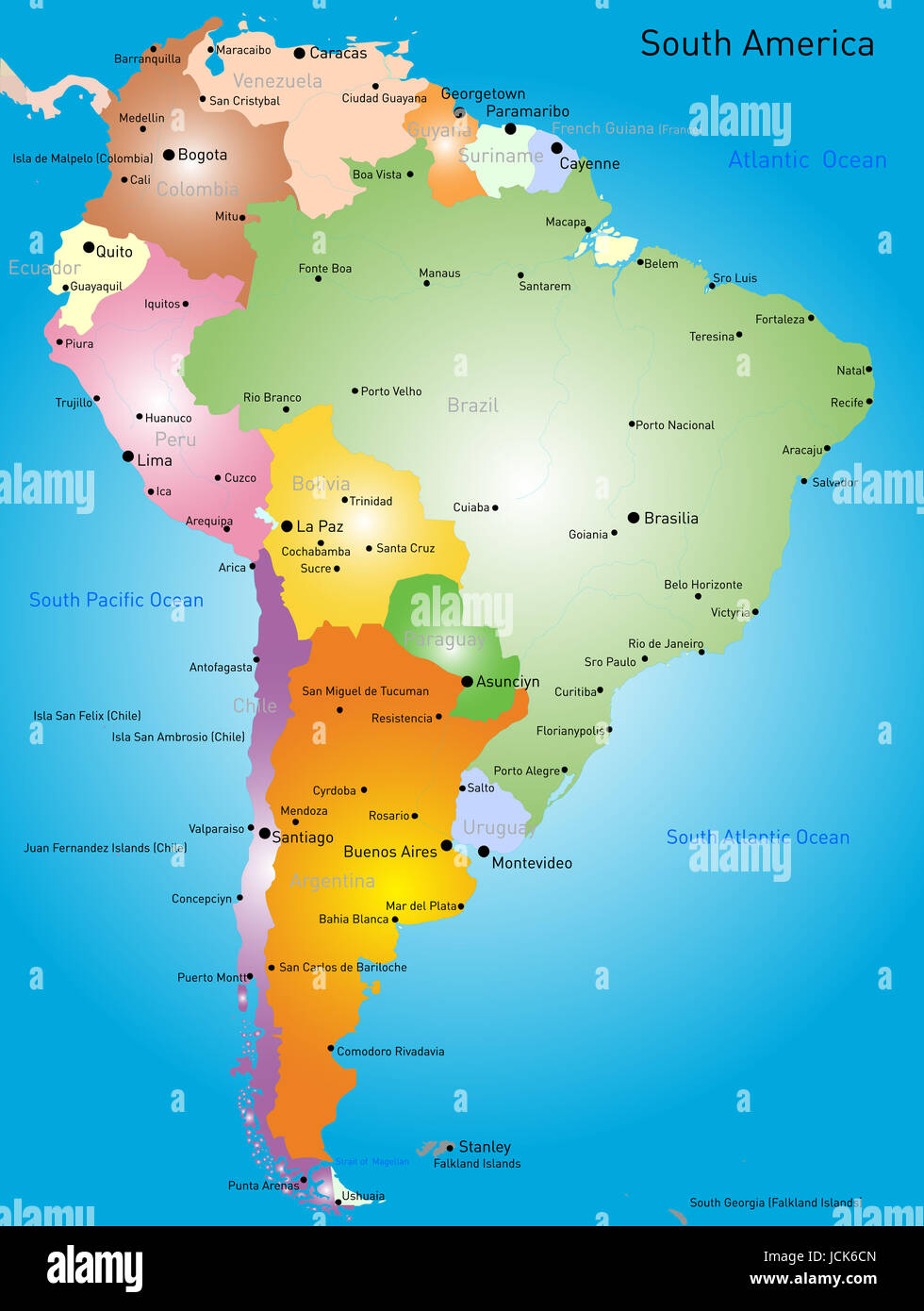 Colore del vettore Mappa di Sud America Foto stock - Alamy