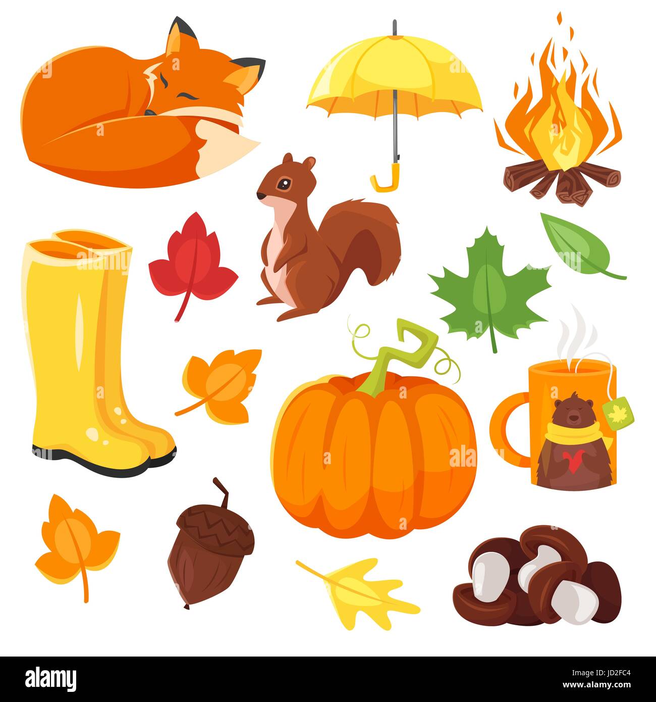 Vettore stile cartoon set di simboli d'autunno: volpe, zucca gialla ...