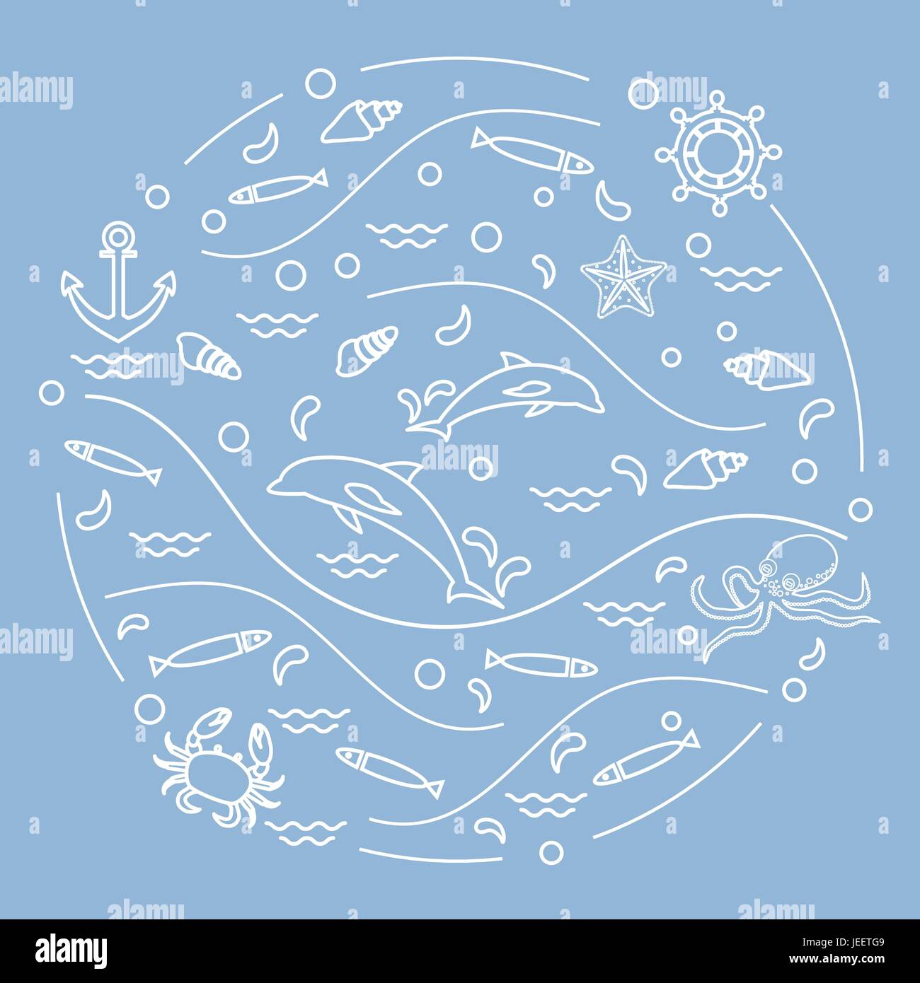 Carino illustrazione vettoriale con i delfini, polpi, pesce, ancoraggio ...