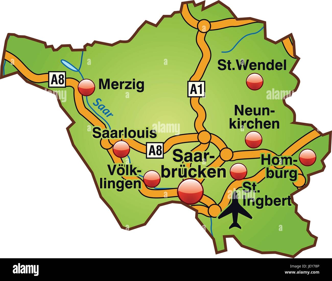 Mappa della Saar con la rete di trasporto in verde Immagine e ...