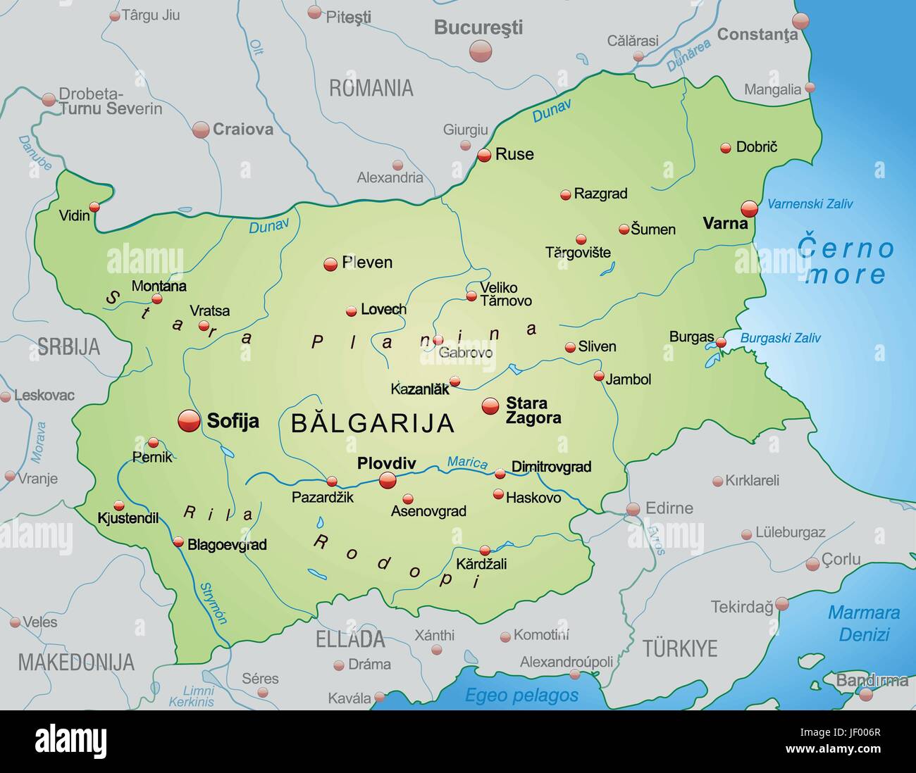 Mappa della Bulgaria come una mappa panoramica in verde pastello ...