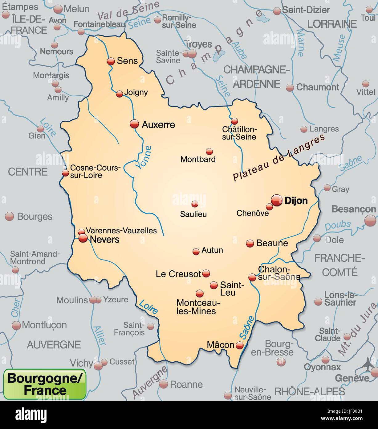 Mappa di borgogna come una mappa panoramica in pastelorange Immagine e ...