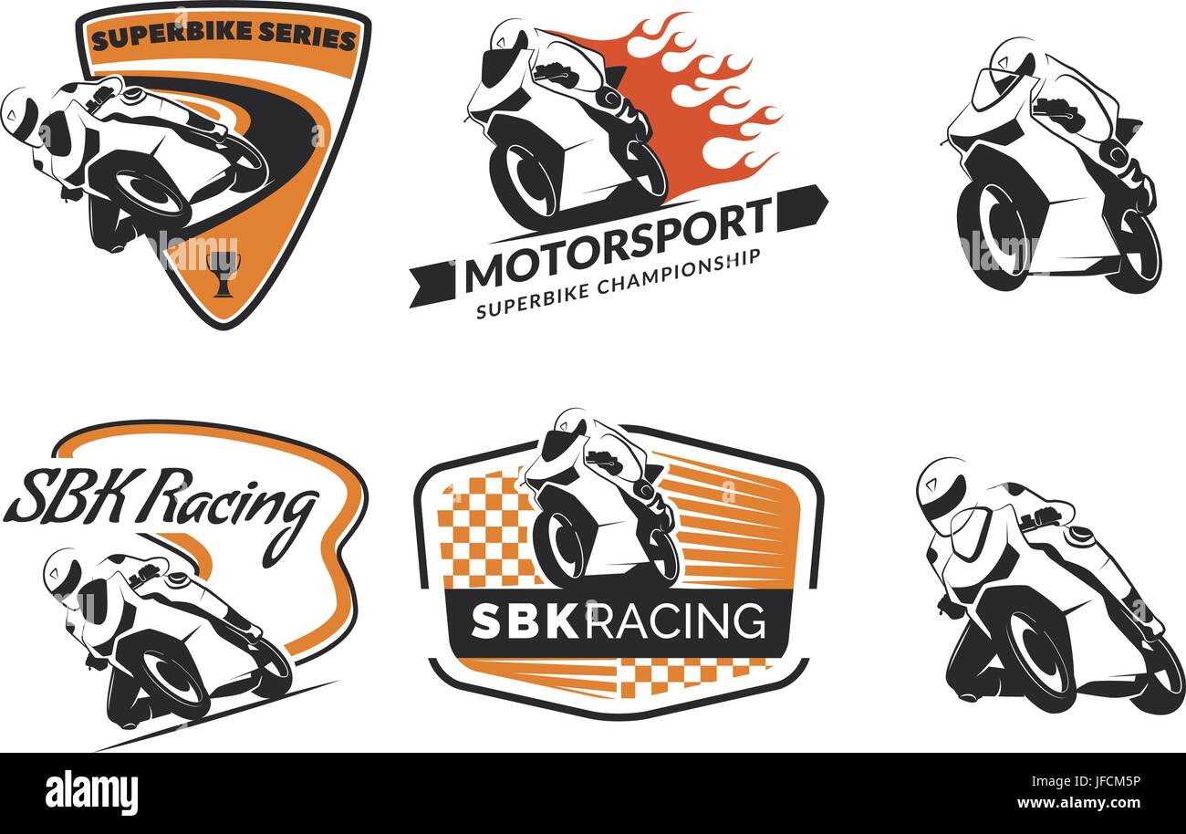 Set di moto racing logo, distintivi e icone. Riparazione del motociclo ...