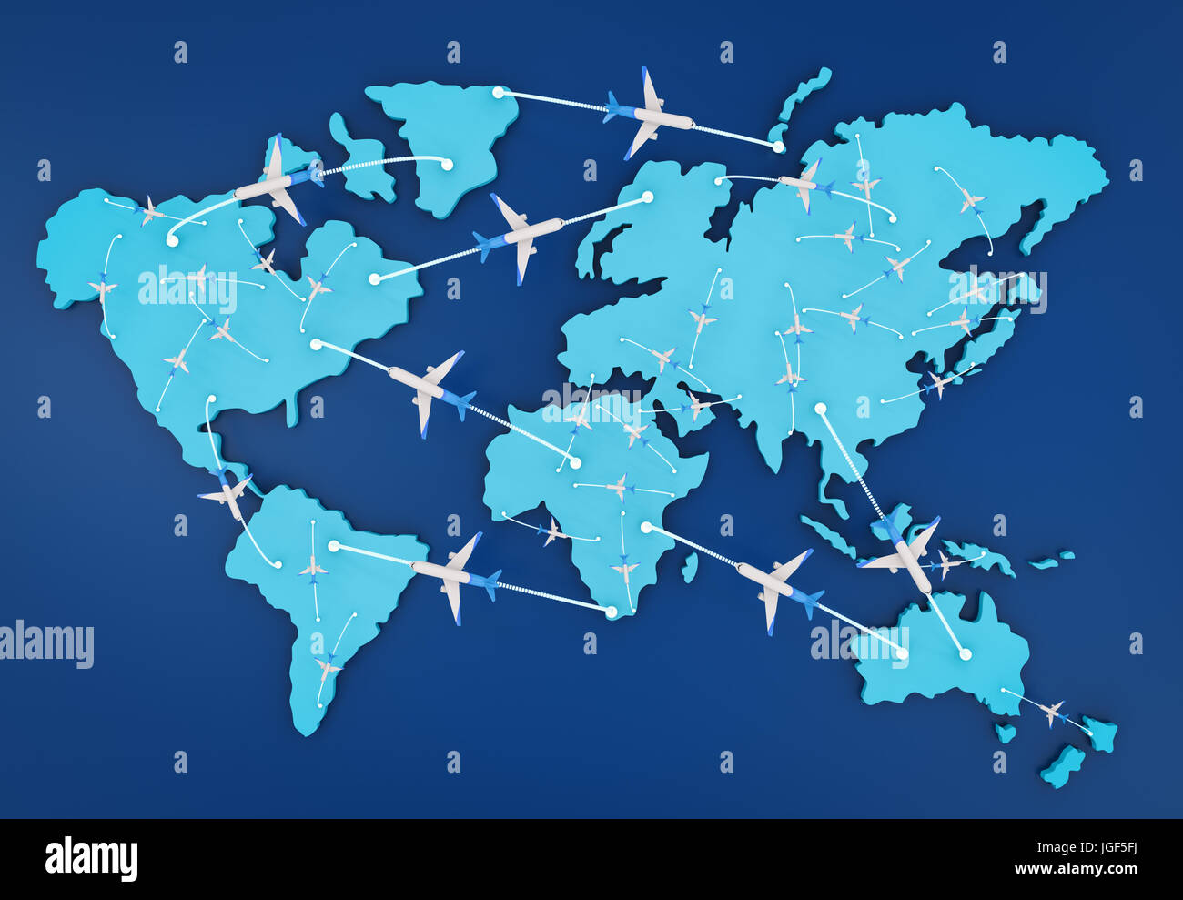 3D rendering itinerario di volo con la mappa del mondo Foto stock - Alamy